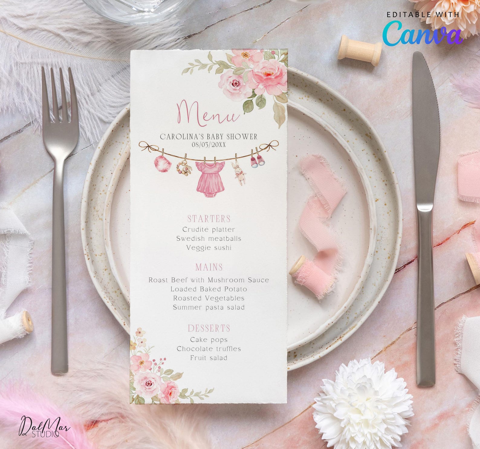 Editable Girl Clothes Baby Shower Dinner Menu, Laundry Pink Clothes ...