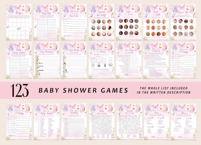 Editable Butterfly Baby Shower Game Bundle, Pink Purple Gold ...