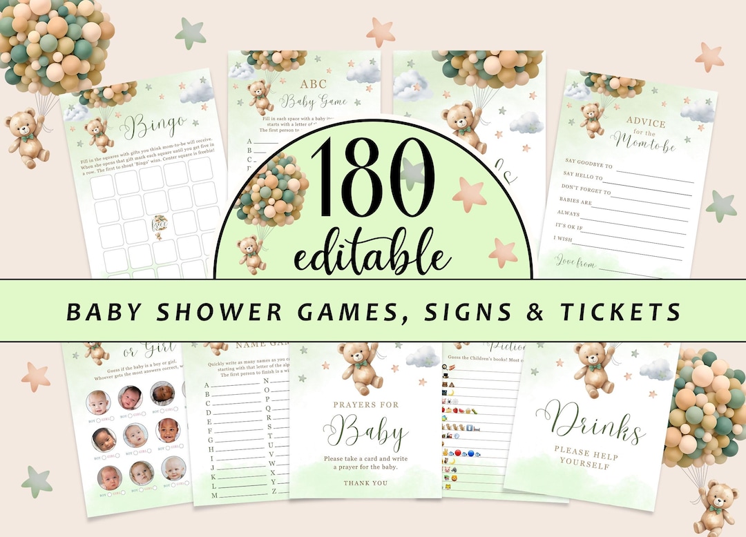 Editable Teddy Bear Baby Shower Game Bundle, Green Brown Balloons Baby ...