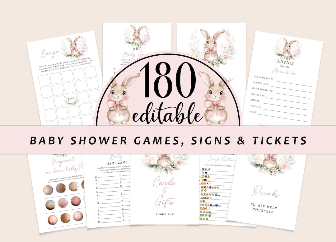 Sweet Little Bunny Baby Shower Game Bundle, Pink Bunny Coquette Baby ...
