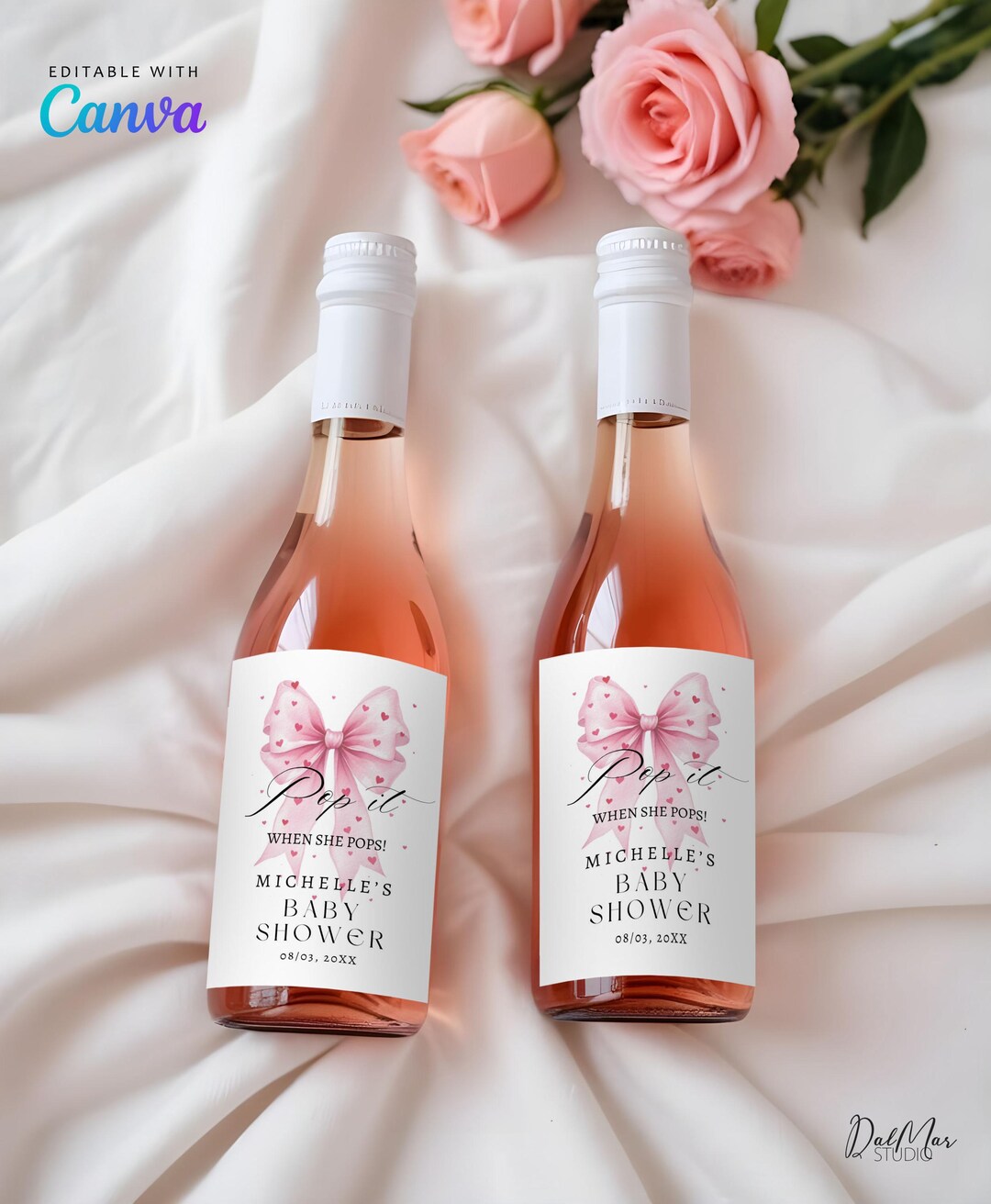 Editable Pink Bow Mini Wine Label, Digital Hearts Pink Coquette Baby ...