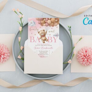 Teddy Bear Baby Shower Invitation Set, Editable in Canva, Pink Brown ...