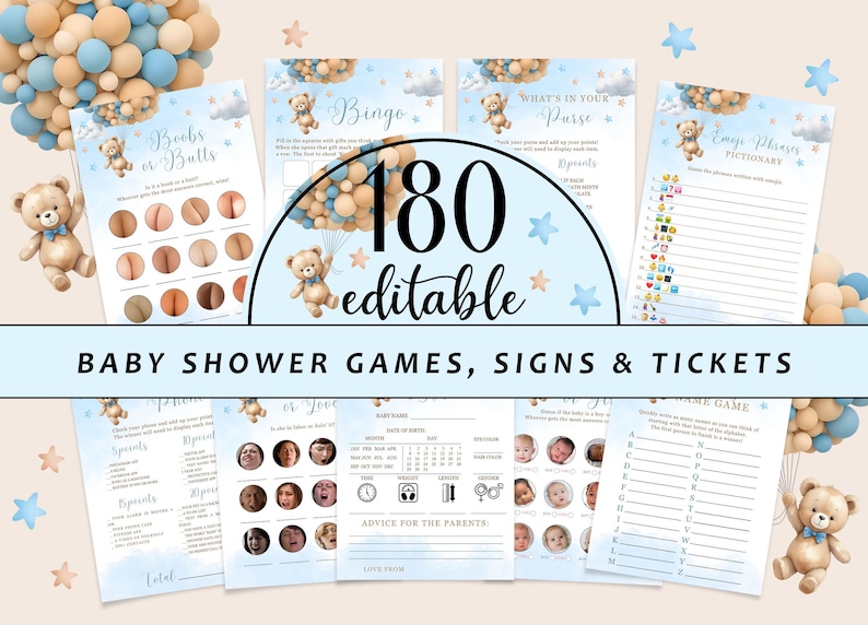 Editable Teddy Bear Baby Shower Game Bundle, Blue Brown Balloons Baby ...