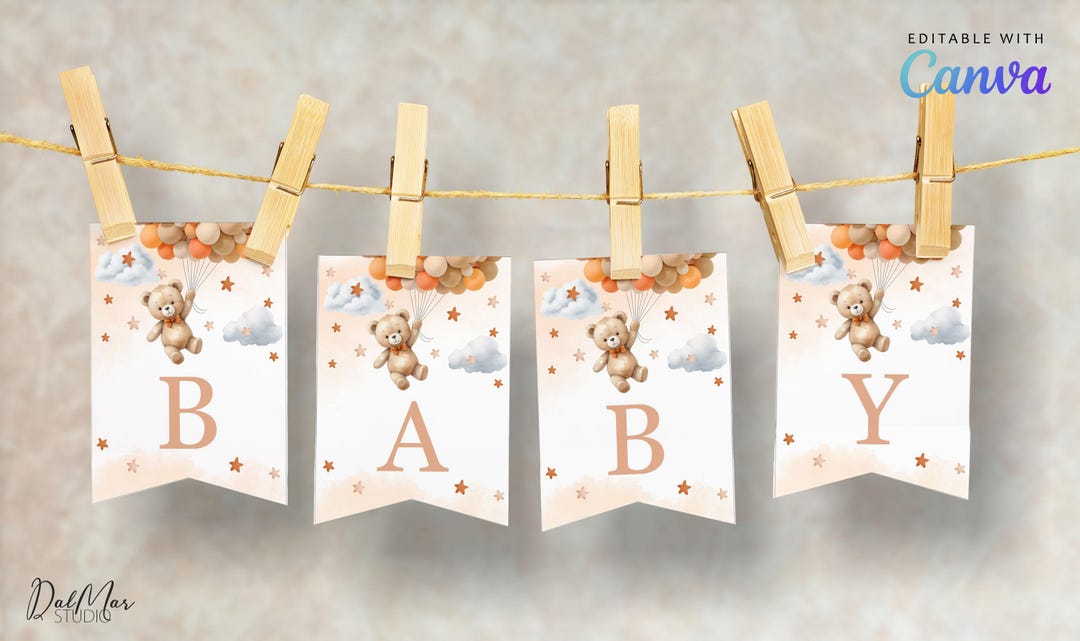 Editable Teddy Bear Baby Shower Banner, Orange Brown Balloons Welcome ...