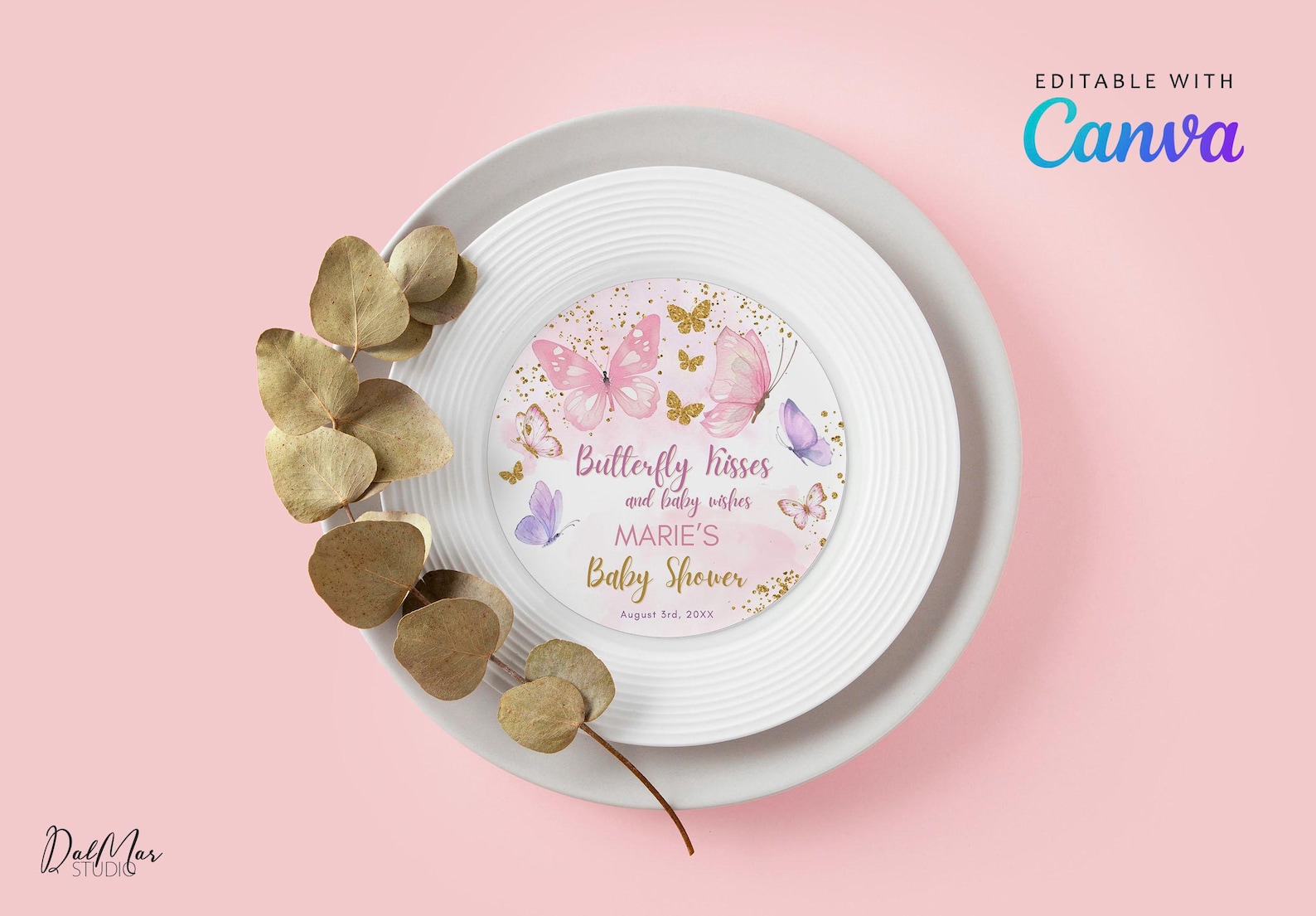 Editable Butterfly Charger Plate Insert, Pink Purple Gold Butterflies ...