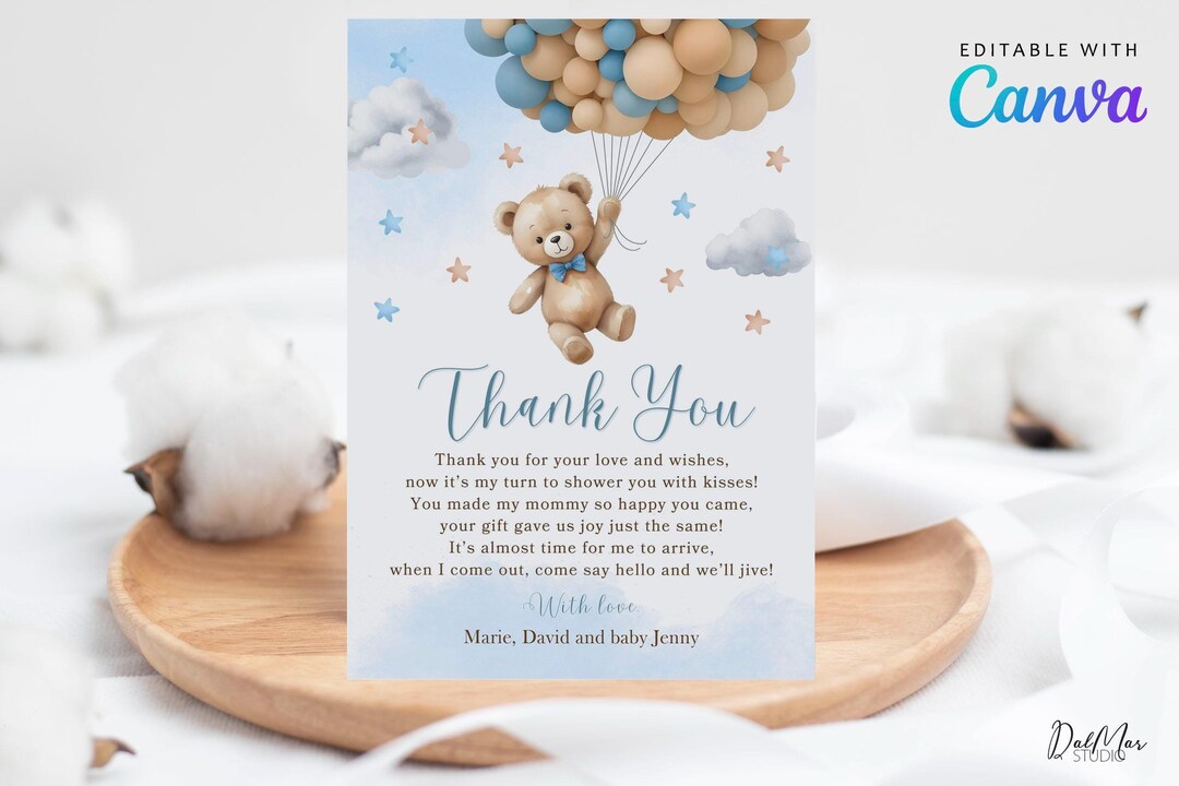 Editable Teddy Bear Thank You Card, Bear Holding Blue and Brown Thank ...