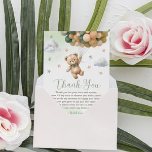 Editable Tedy Bear Thank You Card, Bear Holding Green and Brown Thank ...