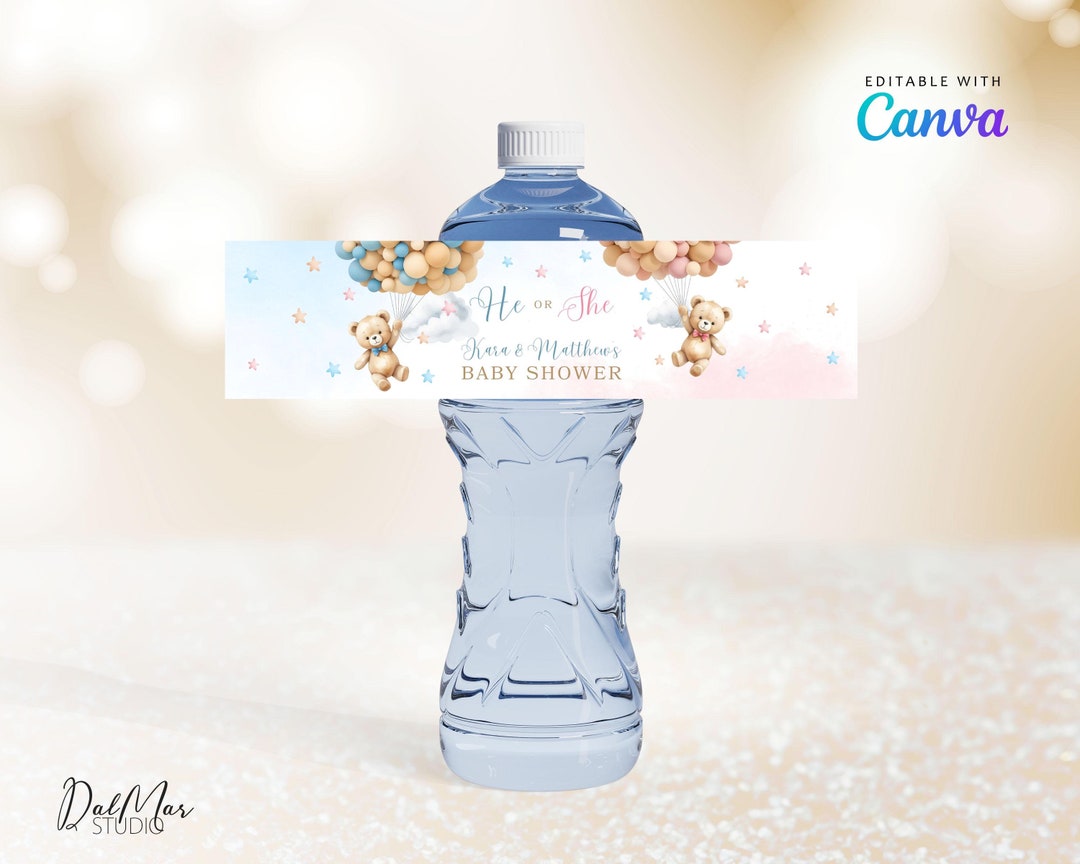 Editable Teddy Bear Label Baby Shower, Bears Pink Blue Balloons Water ...