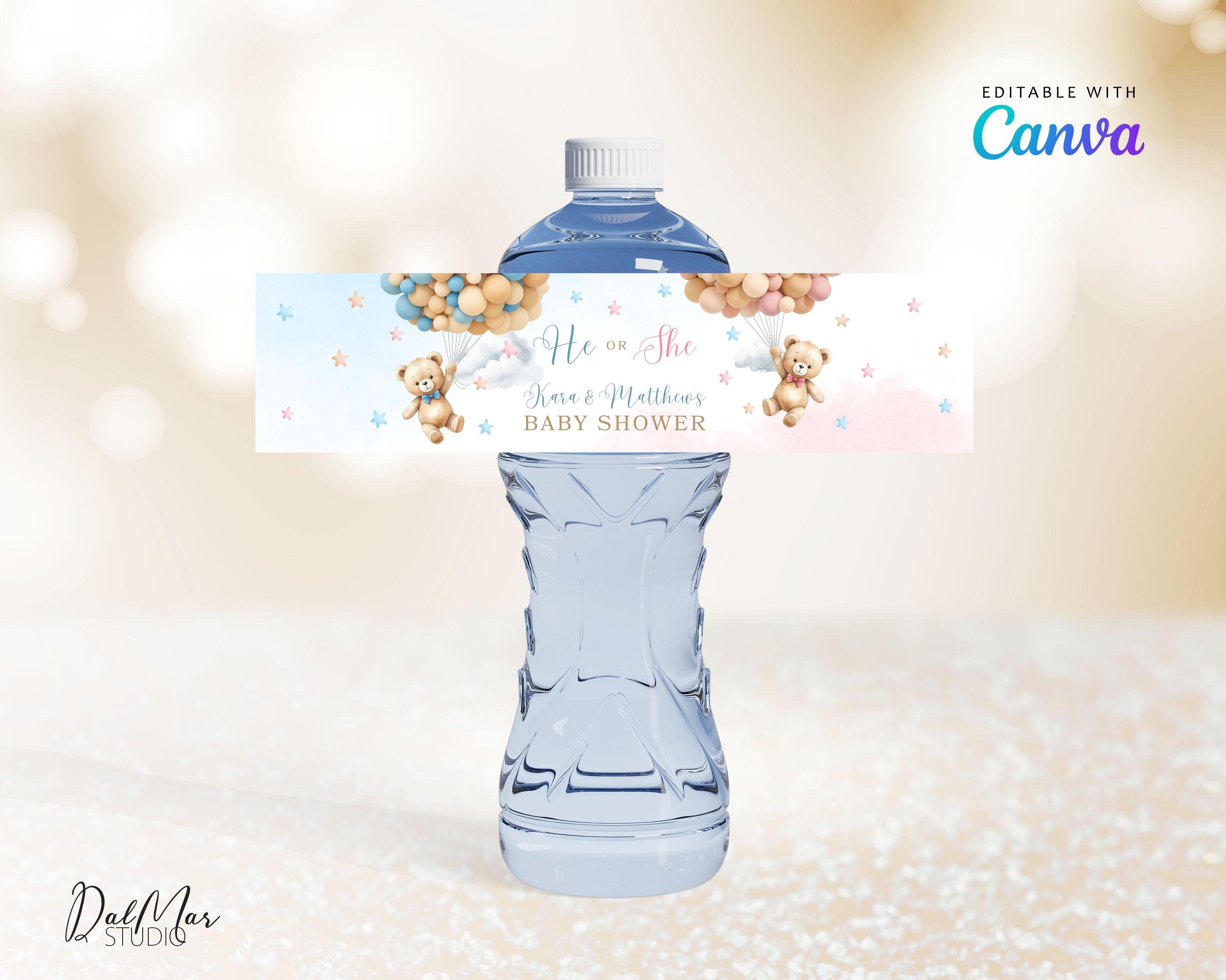 Editable Teddy Bear Label Baby Shower, Bears Pink Blue Balloons Water ...