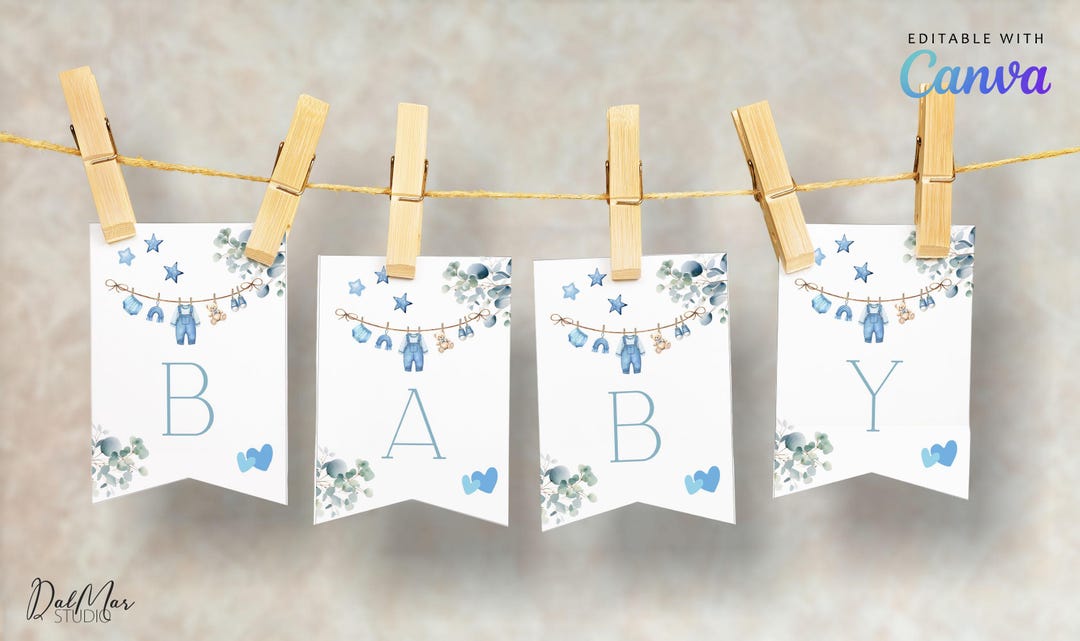 Editable Boy Clothes Baby Shower Banner, Baby Laundry Blue Clothes ...