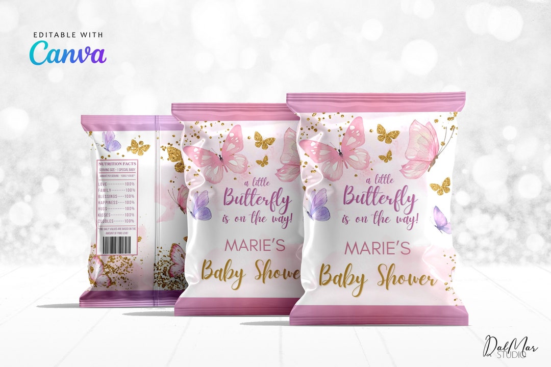 Editable Butterfly Baby Shower Chip Bag, Pink Purple Gold Butterflies ...