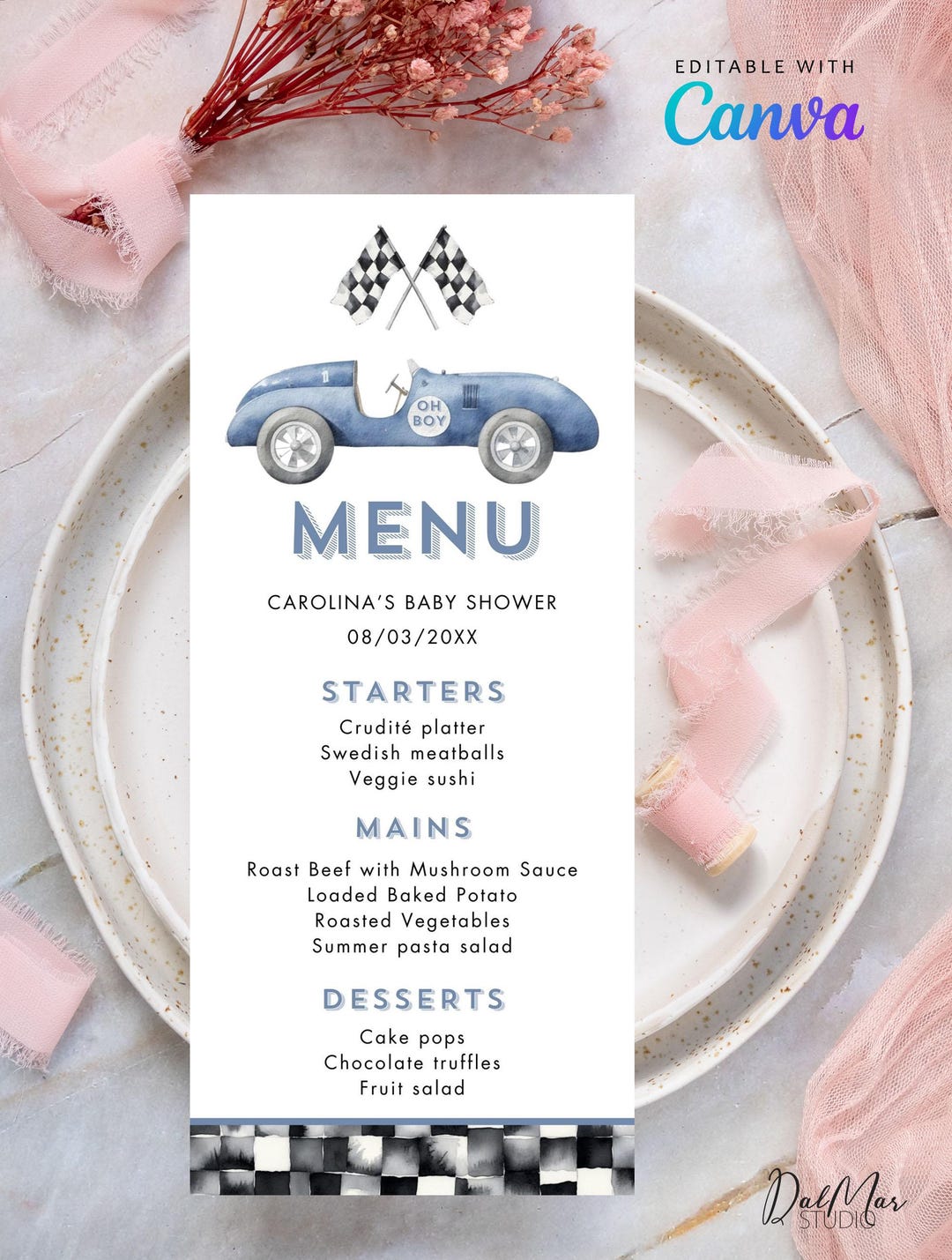 Blue Race Car Shower Dinner Menu, Oh Boy Vintage Racing Car Brunch ...