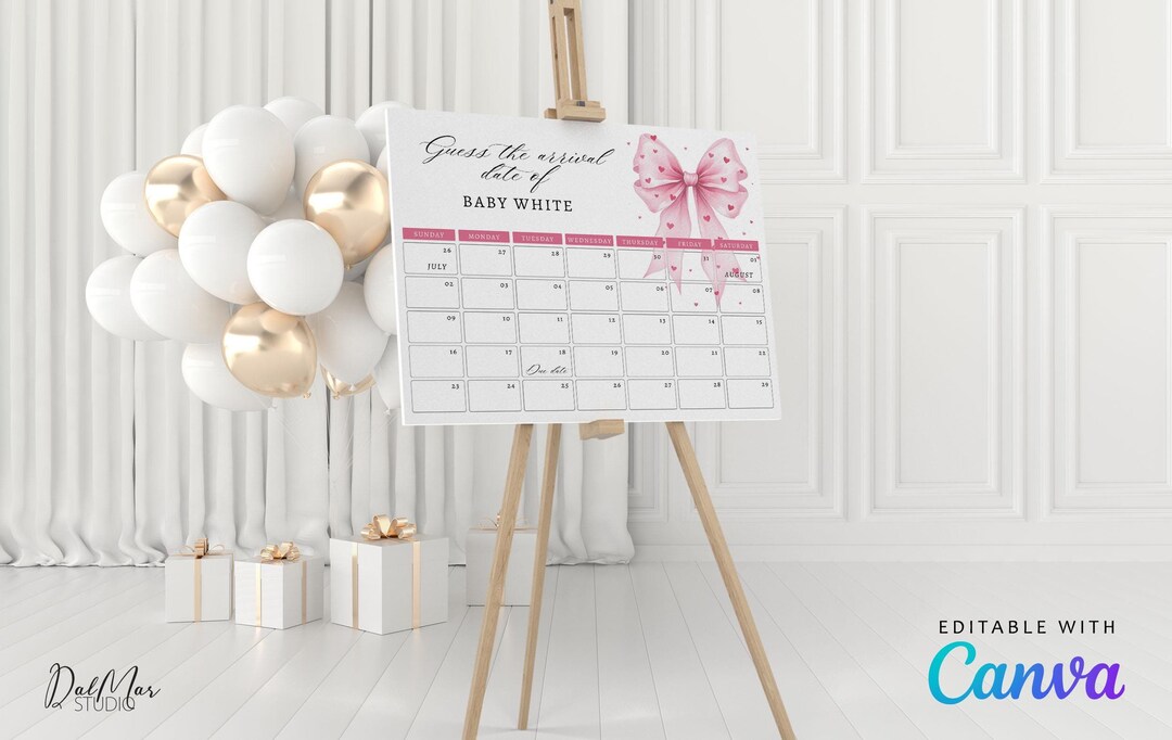 Pink Bow Baby Shower Due Date Calendar (editable in Canva) - Etsy
