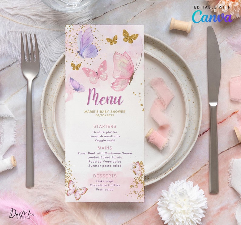 Editable Butterfly Baby Shower Dinner Menu, Pink Purple Gold ...