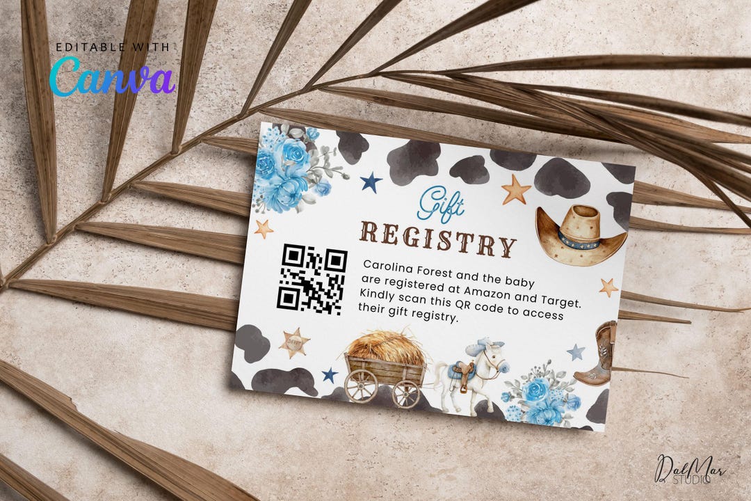 Editable A Little Cowboy Gift Registry Card, Digital Wild Western QR ...