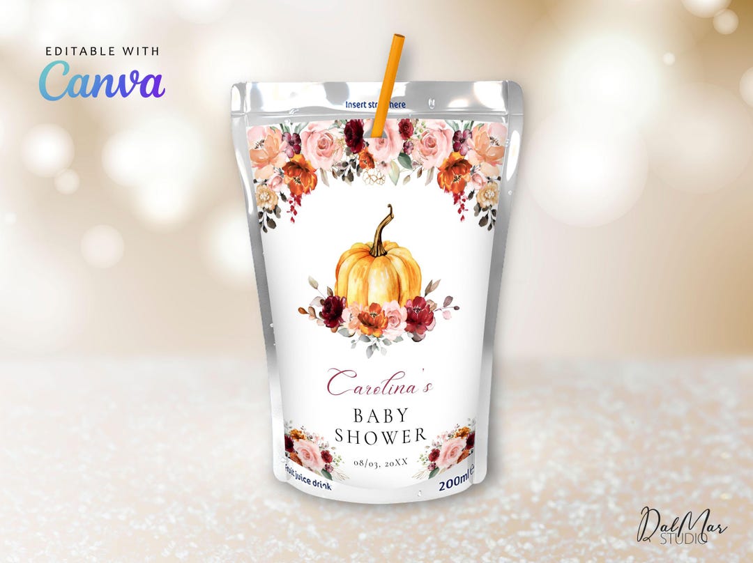 Editable Floral Pumpkin Juice Label, Digital Fall Little Pumpkin Pouch ...