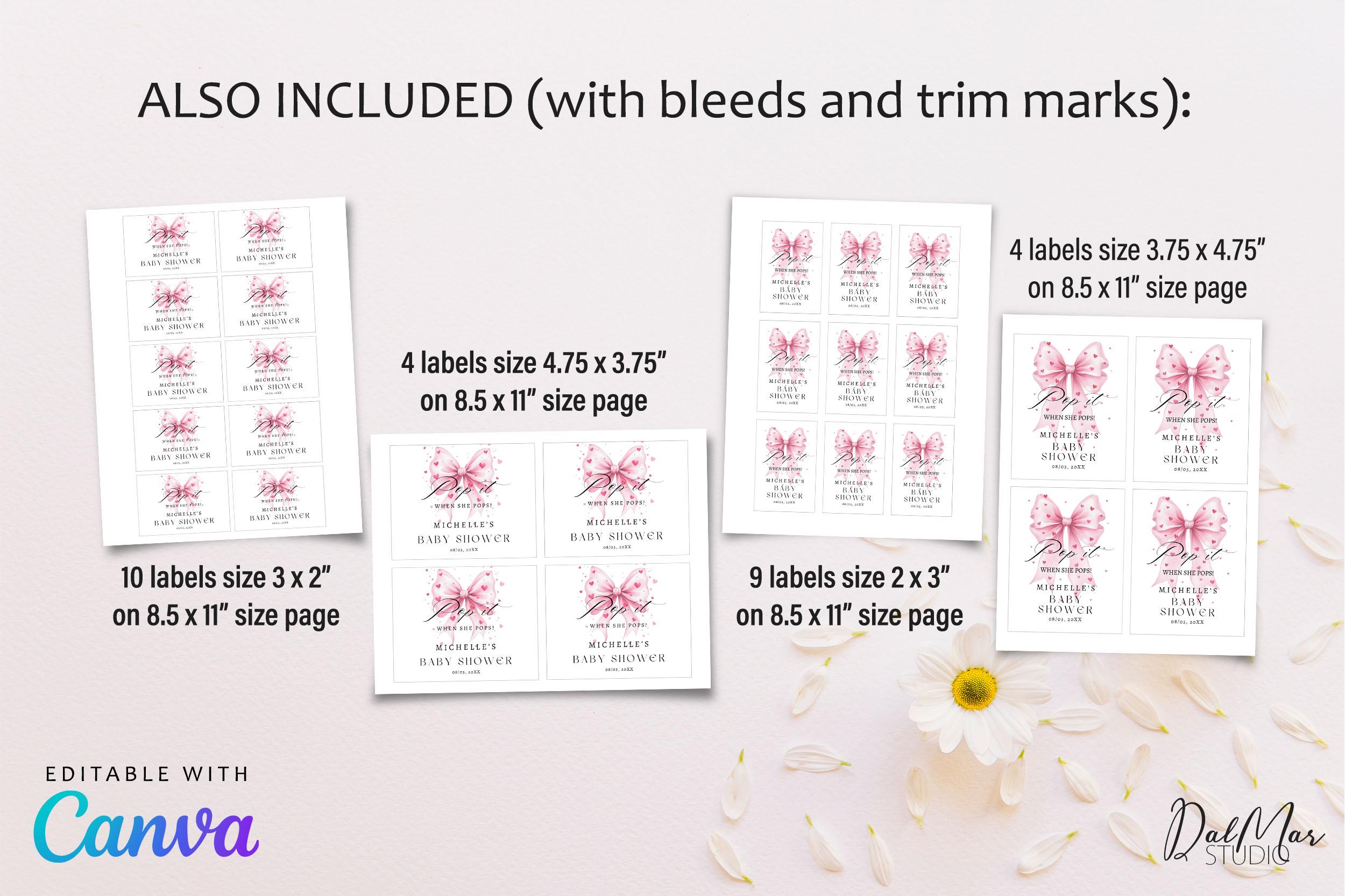 Editable Pink Bow Mini Wine Label, Digital Hearts Pink Coquette Baby ...