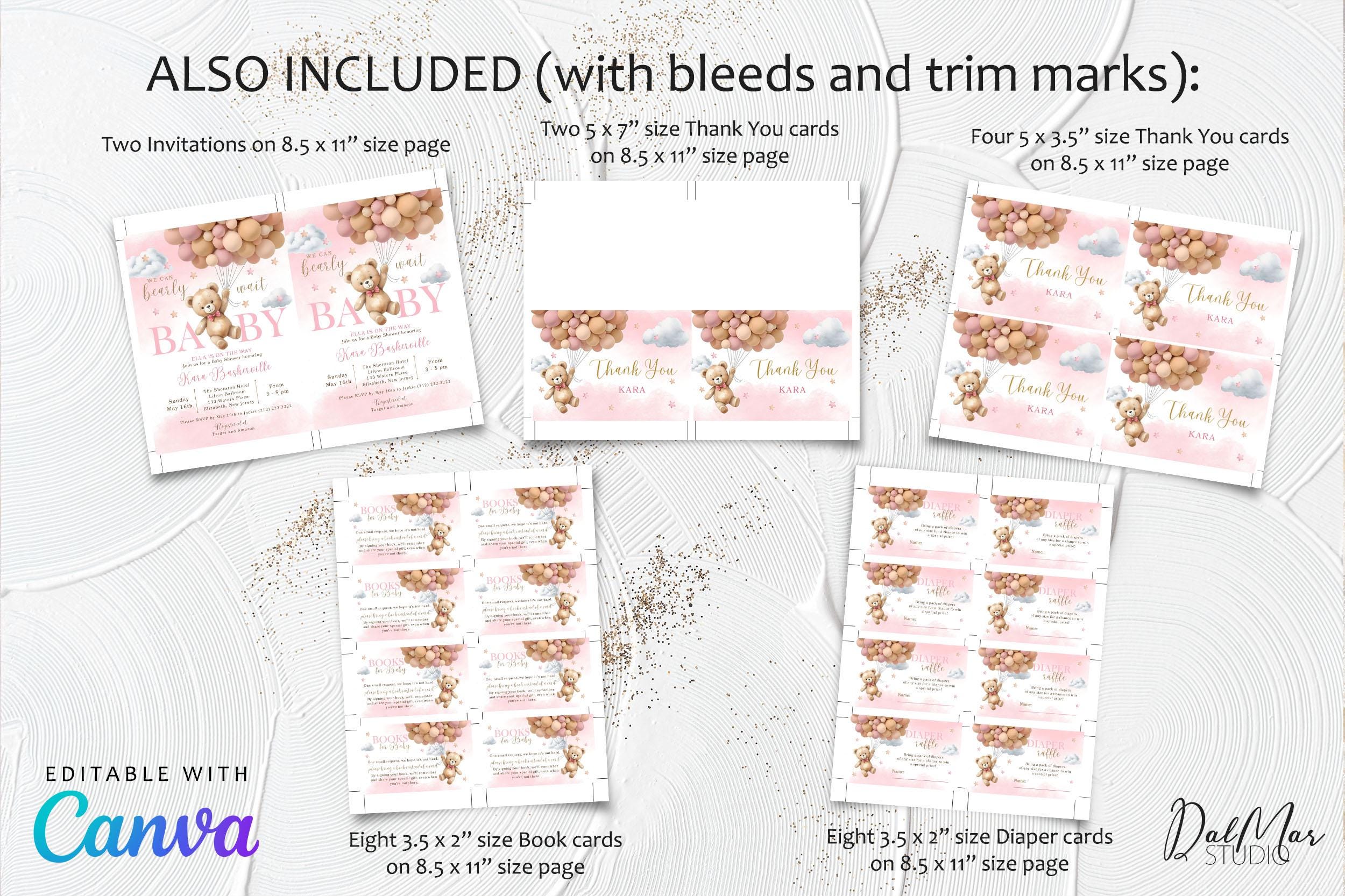 Teddy Bear Baby Shower Invitation Set, Editable in Canva, Pink Brown ...