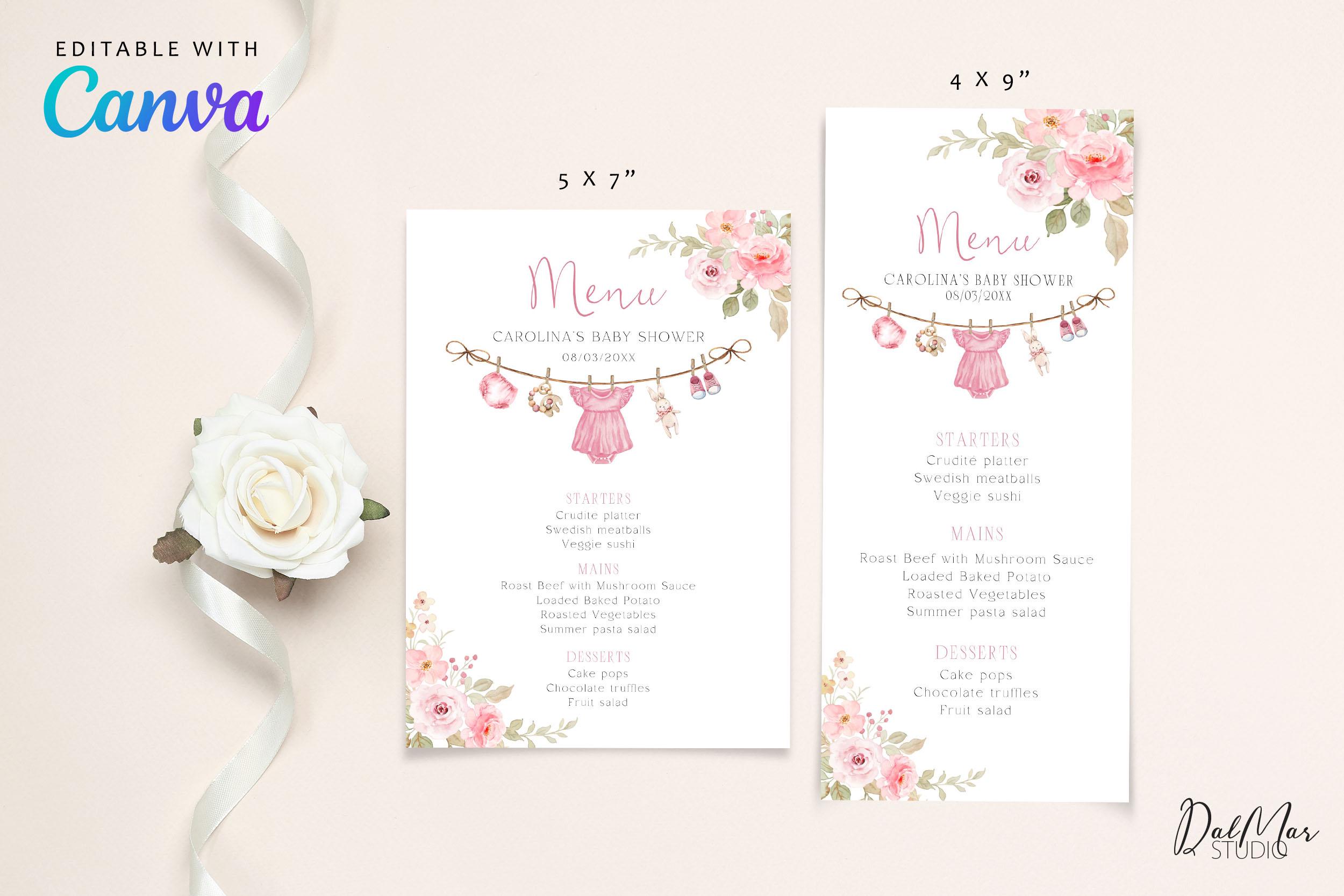 Editable Girl Clothes Baby Shower Dinner Menu, Laundry Pink Clothes ...