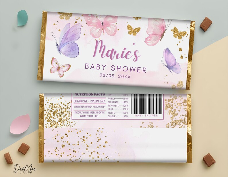 Editable Butterfly Chocolate Wrapper, Pink Purple Butterflies Baby ...