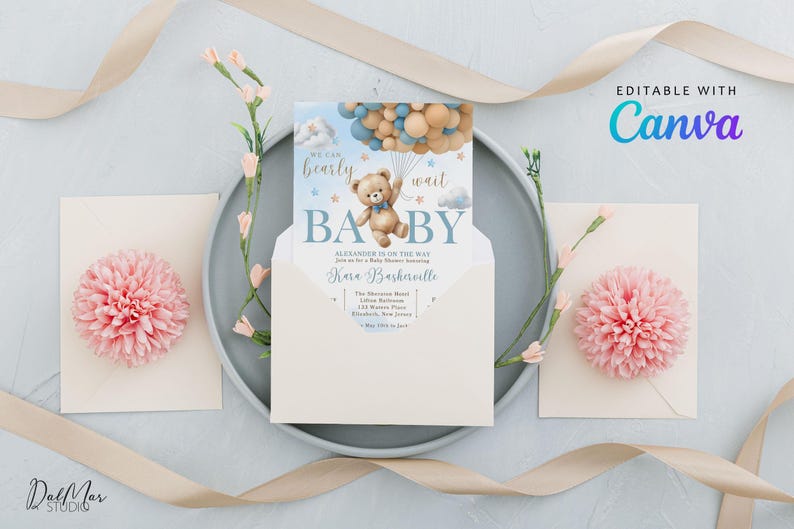 Teddy Bear Baby Shower Invitation Set, Editable in Canva, Blue Brown ...