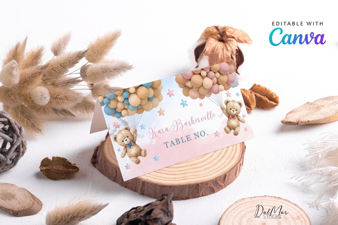 Teddy Bear Food Labels, Editable Pink Blue Balloons Food Tent Tags ...