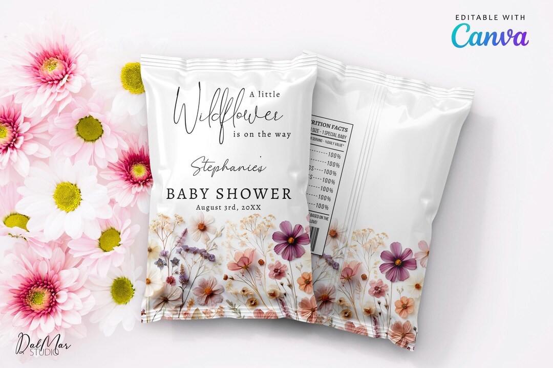 Editable A Little Wildflower Baby Shower Chip Bag, Digital Purple Pink ...