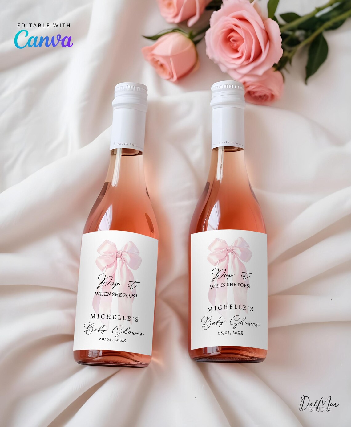 Editable Pink Bow Mini Wine Label, Digital Elegant Pink Coquette Baby ...