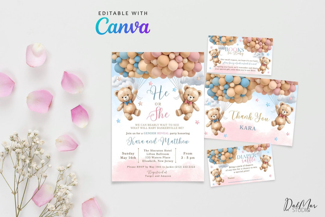 Teddy Bear Baby Shower Invitation Set, Editable in Canva, Gender Reveal ...