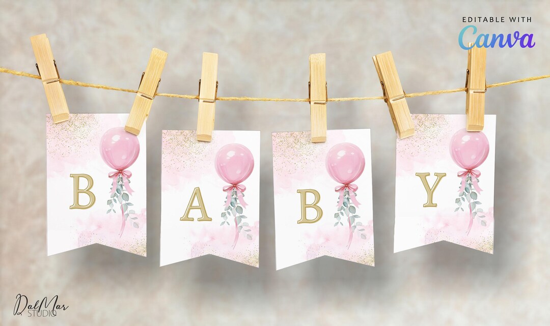 Editable Girl Baby Shower Banner, Digital Pink Balloon Welcome Baby ...