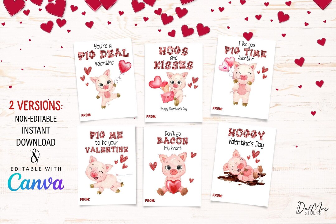 Printable Pig Valentine Cards, Hogs and Kisses Valentine Tags for Kids ...