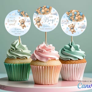 Teddy Bear Cupcake Toppers, Blue Brown Balloons Baby Shower, Boy Bear 2 ...