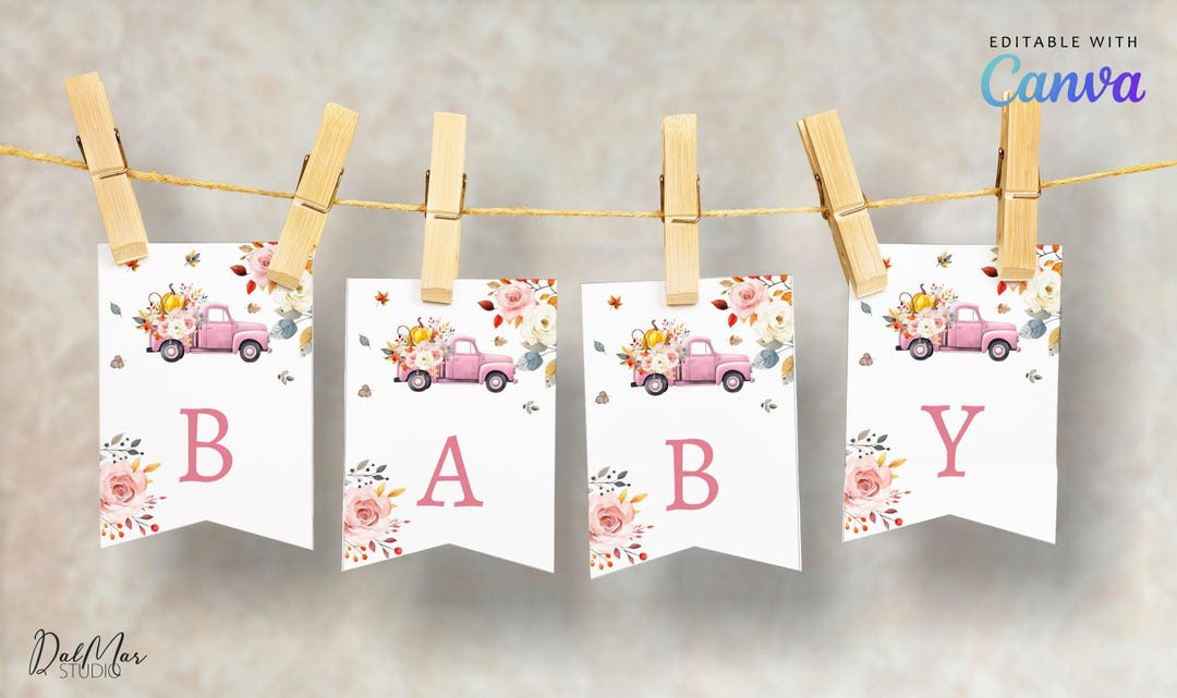 Editable Little Pumpkin Baby Shower Banner, Digital Fall Pink Truck ...