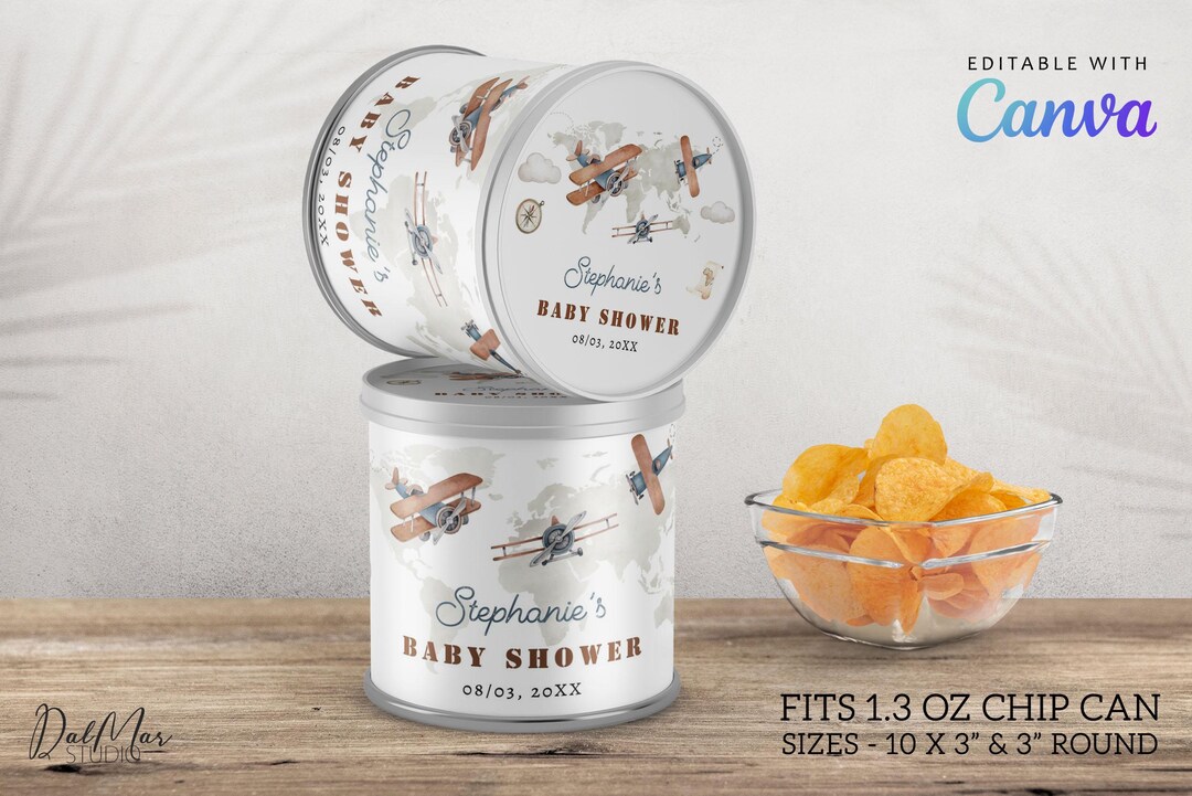 Editable Airplane Mini Chips Can Label, Vintage Blue Biplane Travel ...