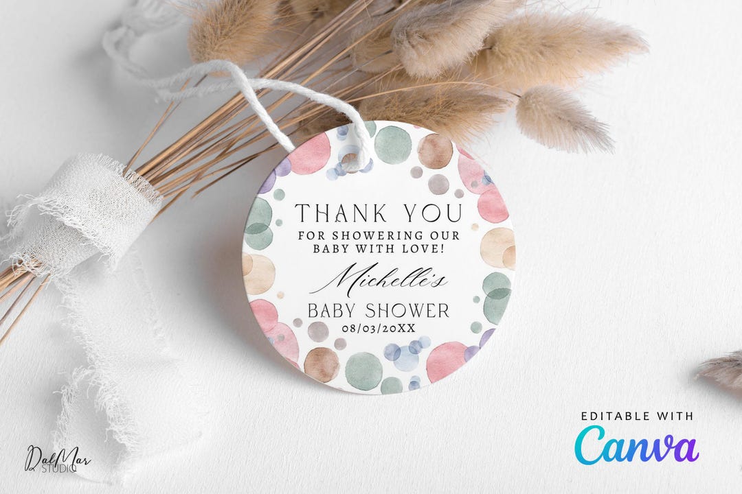 Editable Pastel Watercolor Spots Baby Shower Circle Tag, Gender Reveal ...