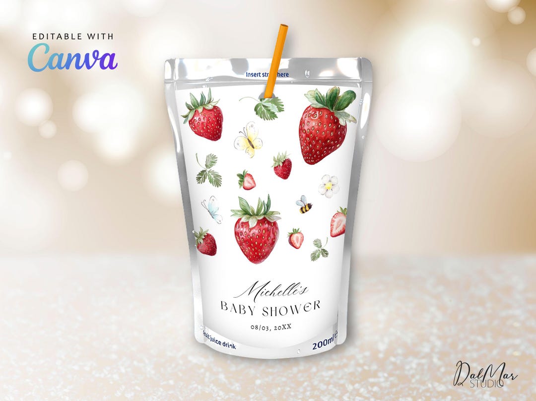 Editable Strawberry Juice Box Label, Berry Sweet Pouch Label, Digital ...