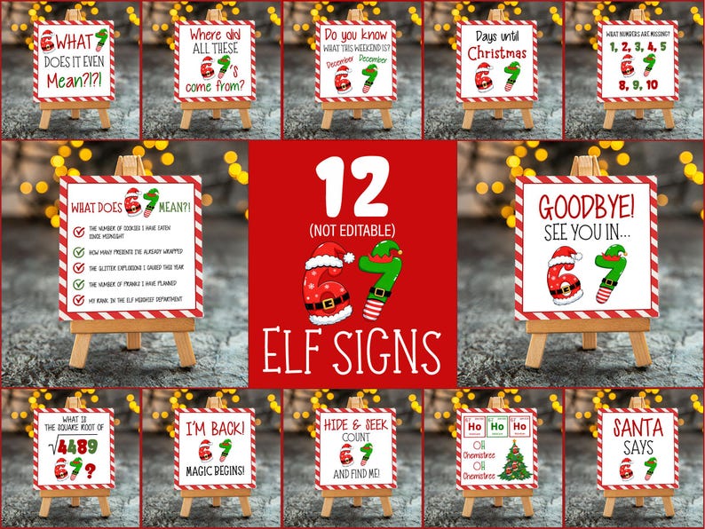 Christmas Elf 6 7 Mini Signs, Six Seven Meme Elf Printable Set of 12 ...