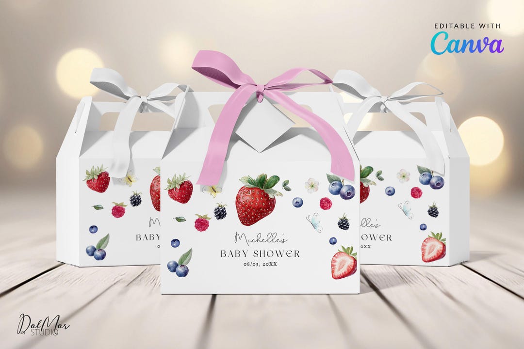 Editable Strawberry Baby Shower Gable Gift Box Label, Digital Blueberry ...