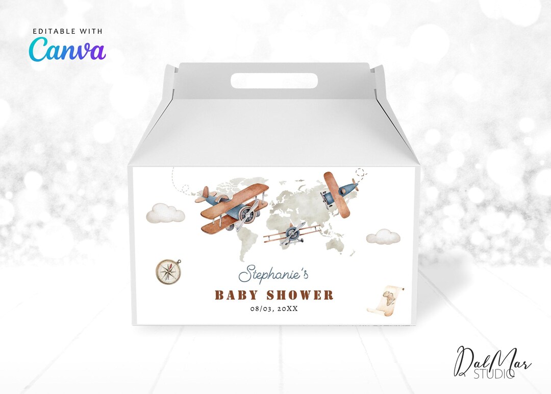 Editable Airplane Gable Gift Box Label, Vintage Blue Biplane Travel ...