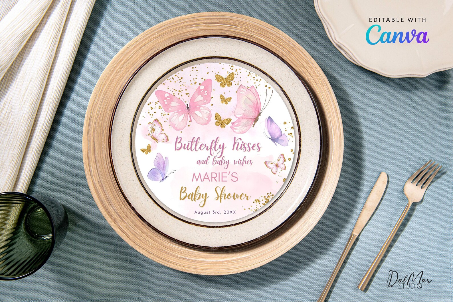 Editable Butterfly Charger Plate Insert, Pink Purple Gold Butterflies ...