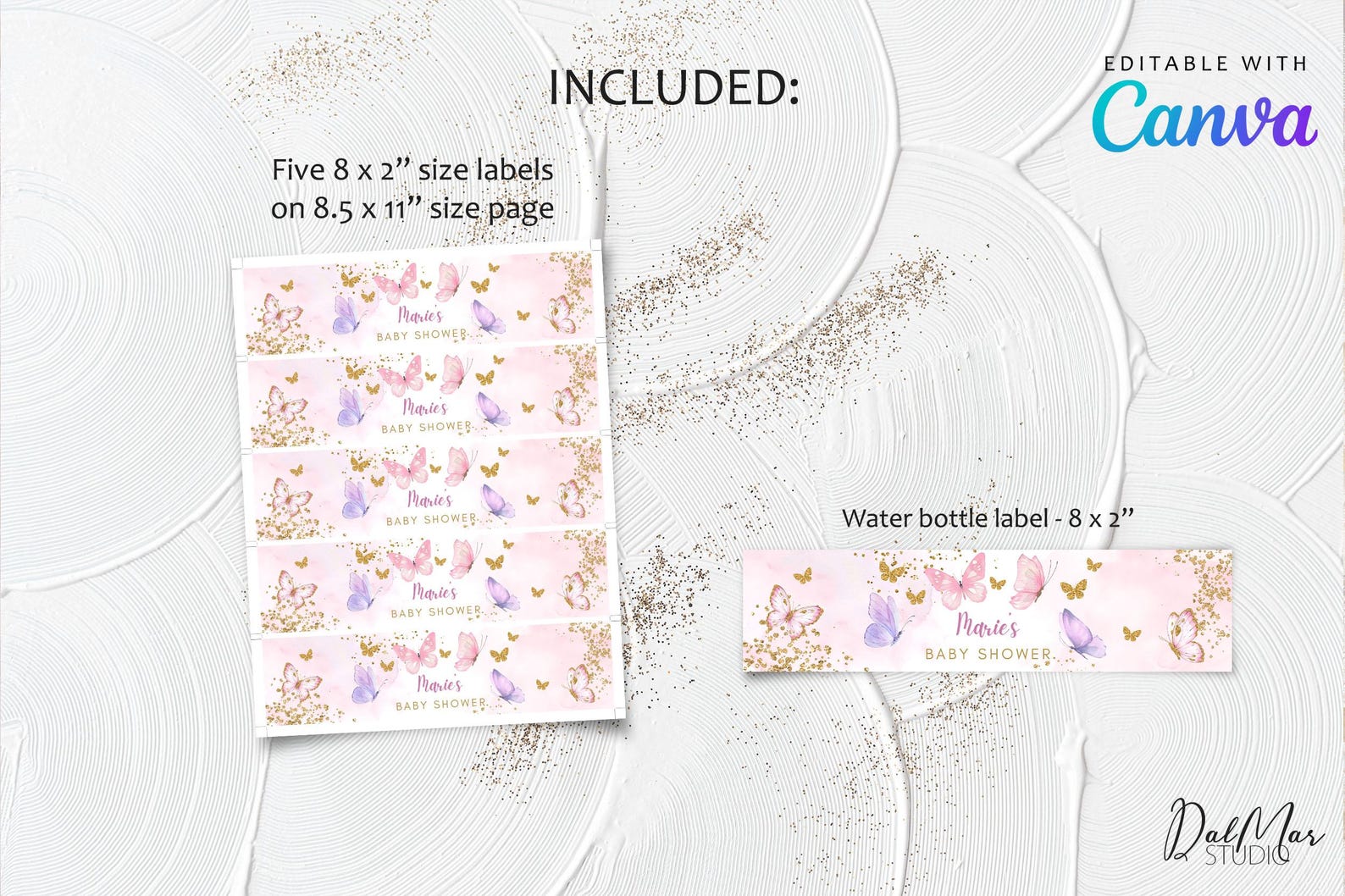 Editable Butterfly Bottle Label Baby Shower, Pink Purple Gold ...
