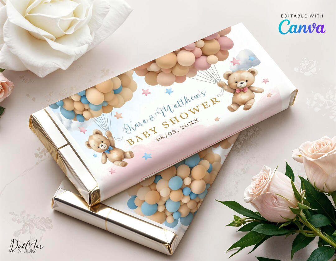 Editable We Can Bearly Wait Chocolate Wrapper, Blue Pink Teddy Bear ...