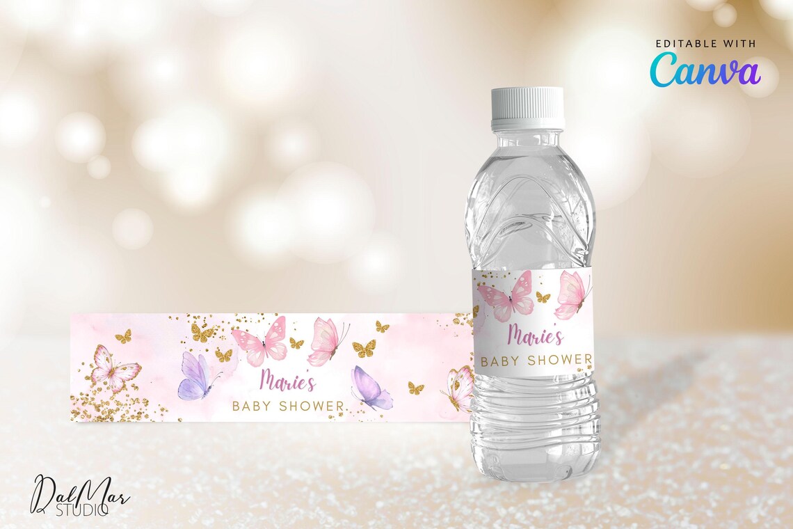 Editable Butterfly Bottle Label Baby Shower, Pink Purple Gold ...