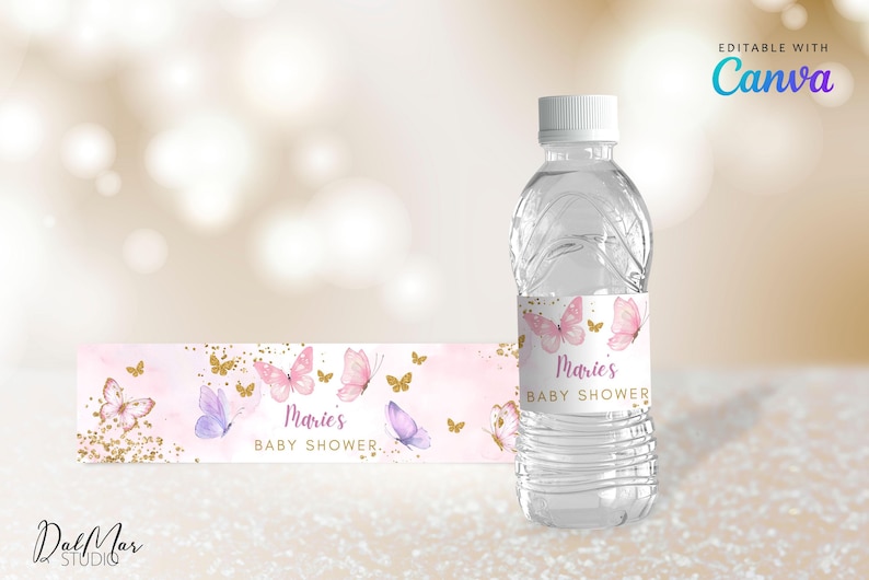 Editable Butterfly Bottle Label Baby Shower, Pink Purple Gold ...
