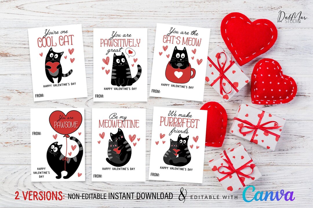 Printable Cat Valentine Cards, Hugs and Kisses Valentine Tags for Kids ...