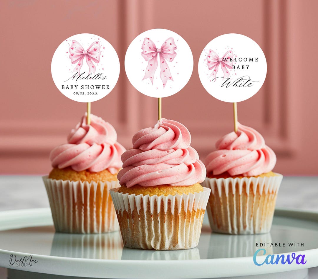 Editable Pink Bow Cupcake Toppers, Digital Hearts Pink Coquette ...