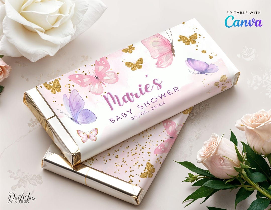 Editable Butterfly Chocolate Wrapper, Pink Purple Butterflies Baby ...