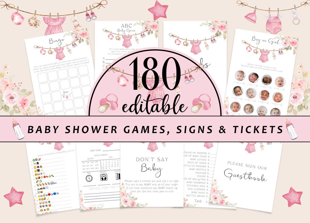 Editable Clothes Line Baby Shower Game Bundle, Boho Flowers Girl Baby ...