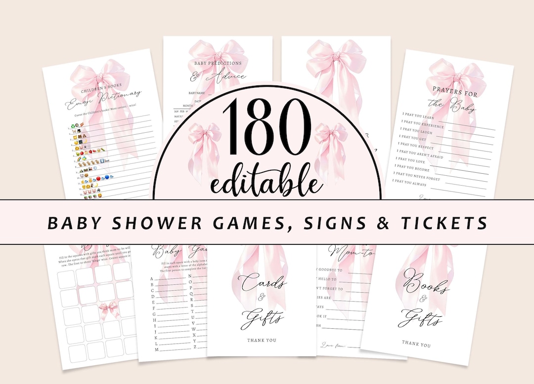 Editable Pink Bow Baby Shower Game Bundle, Elegant Pink Coquette Baby ...