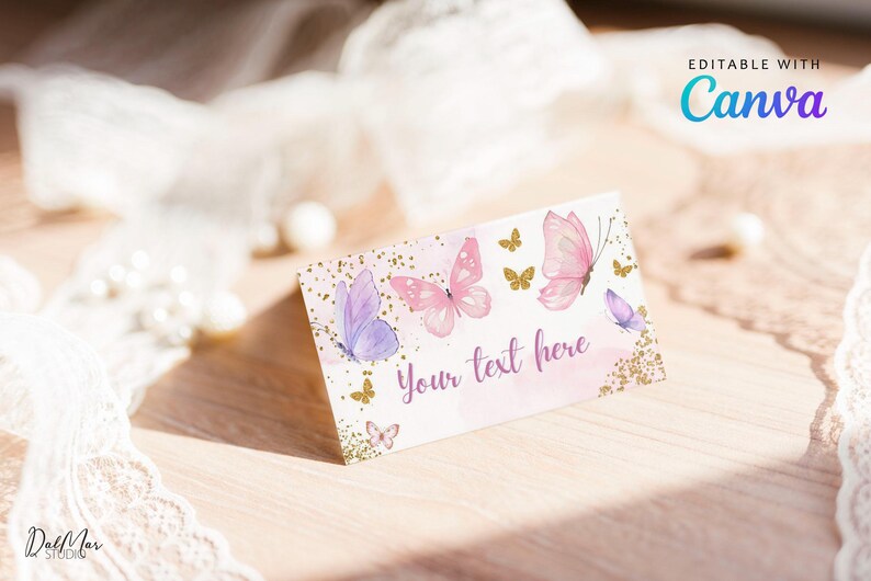 Butterfly Food Labels, Editable Pink Purple Gold Butterflies Food Tent ...
